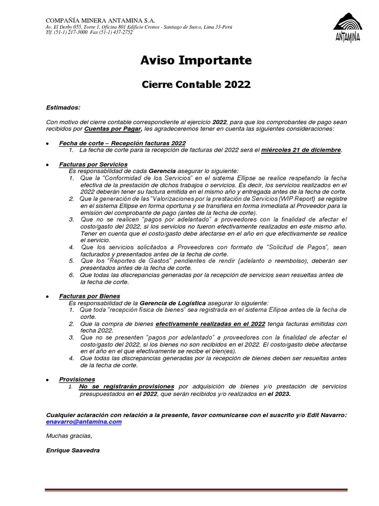 Aviso - Cierre Contable 2022 | PDF