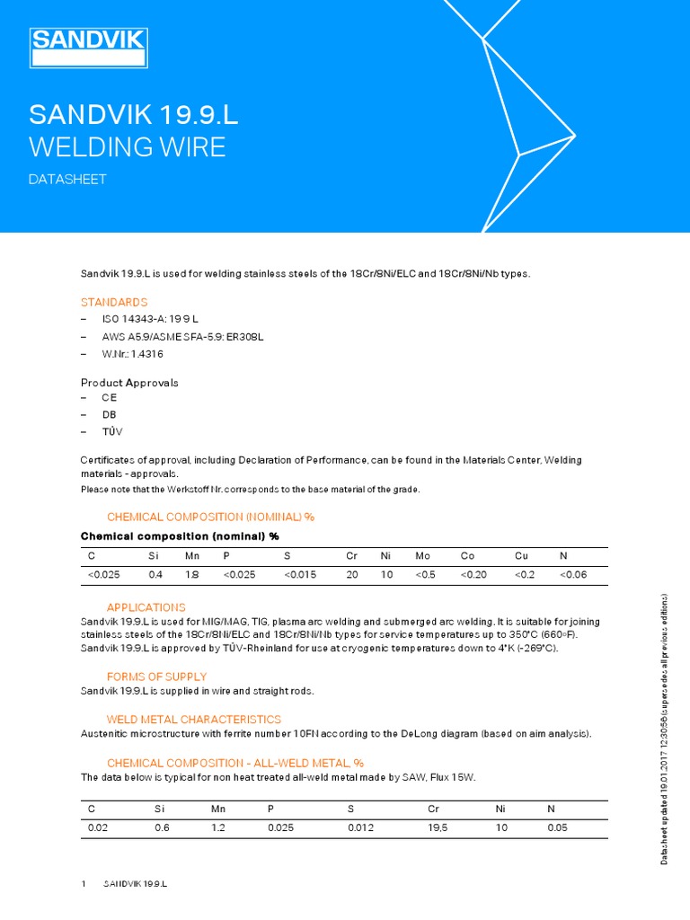 Datasheet Sandvik 199l en | PDF | Construction | Welding