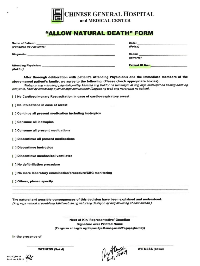 CGH Allow Natural Death Form Sample | PDF