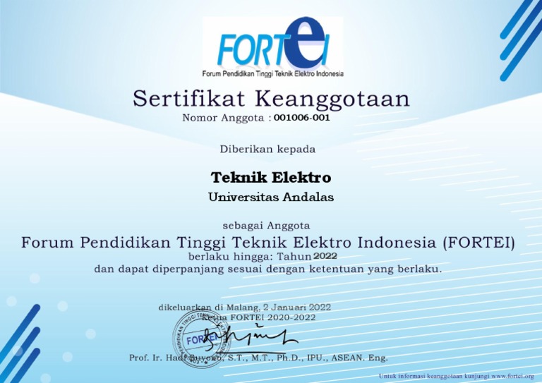 Sertifikat Institusi Teknik Elektro Universitas Andalas | PDF