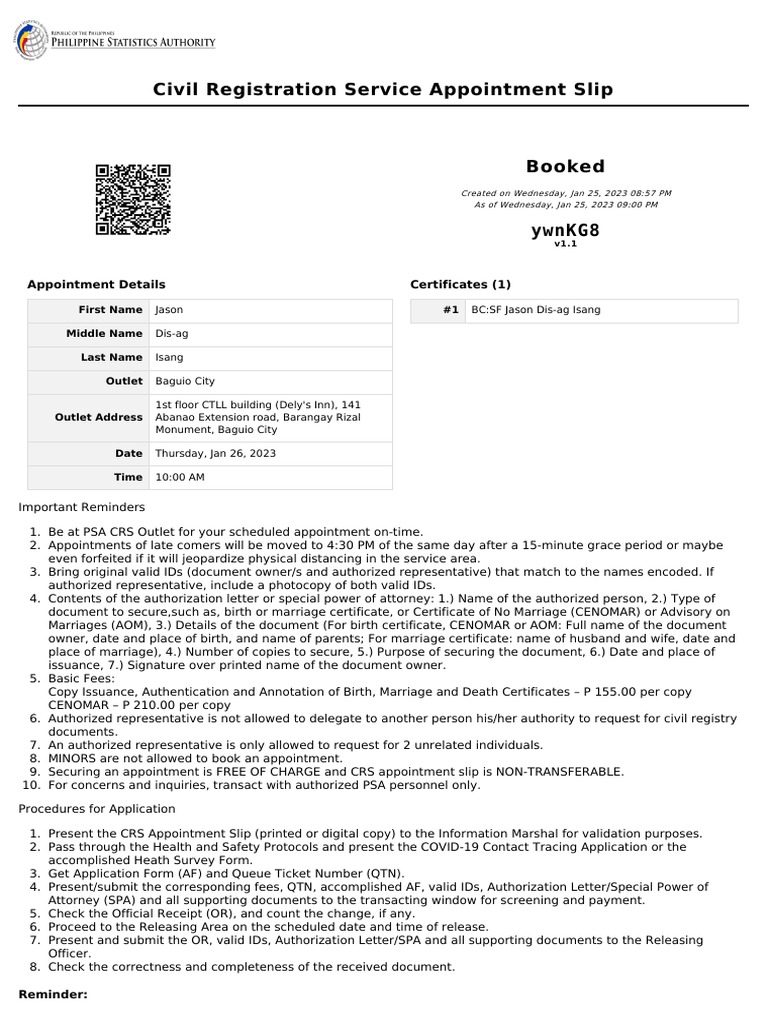 Civil Registration Service Appointment Slip | PDF