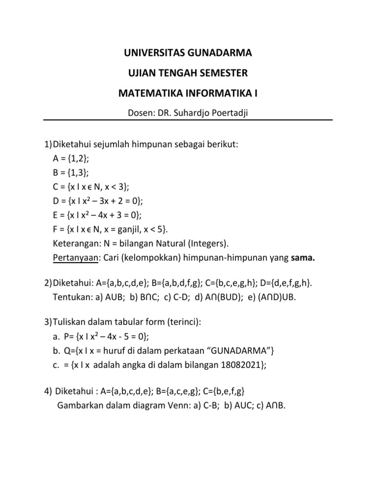 Latihan UTS Matematika Informatika 1 - 29 Nov, 22 | PDF