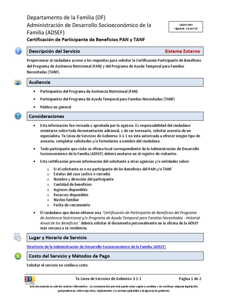 ADSEF-003 Certificacion Participante PAN y TANF | PDF | Facebook | Red ...