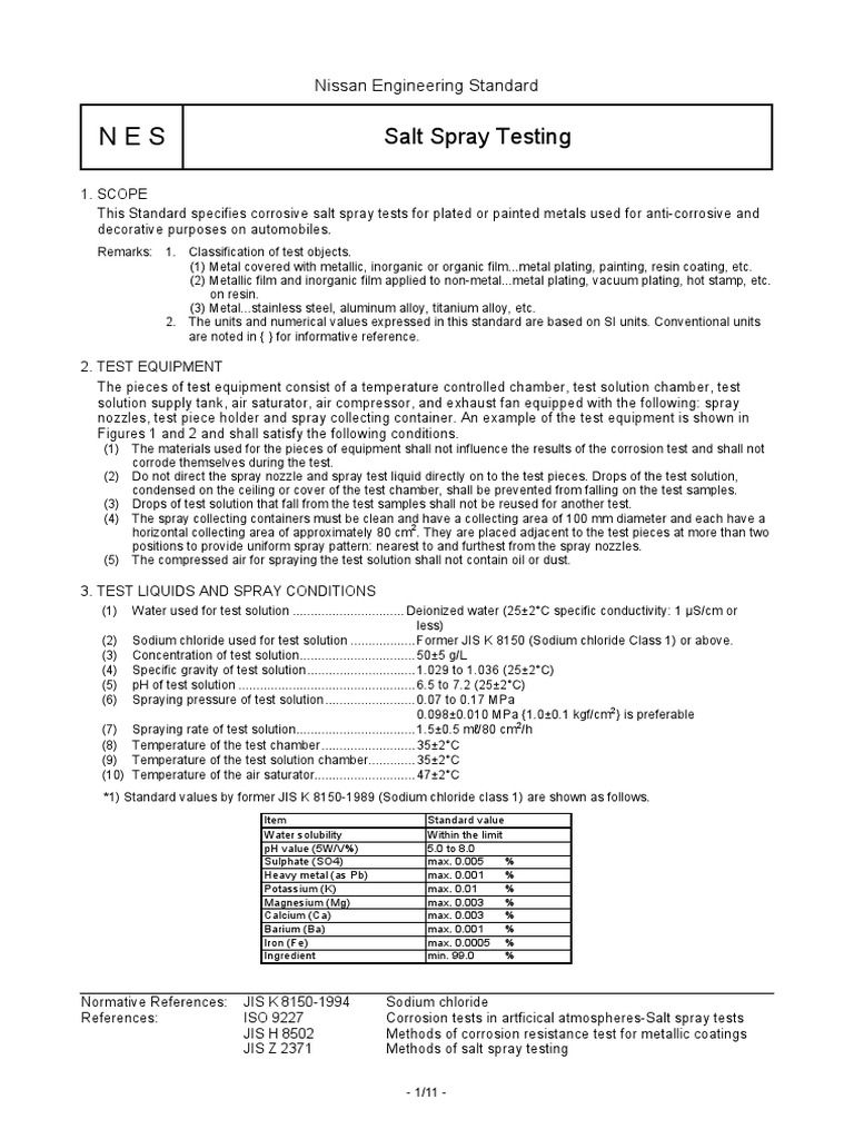 Nissan Engineering Standard for Salt Spray Testing: Specifications for ...