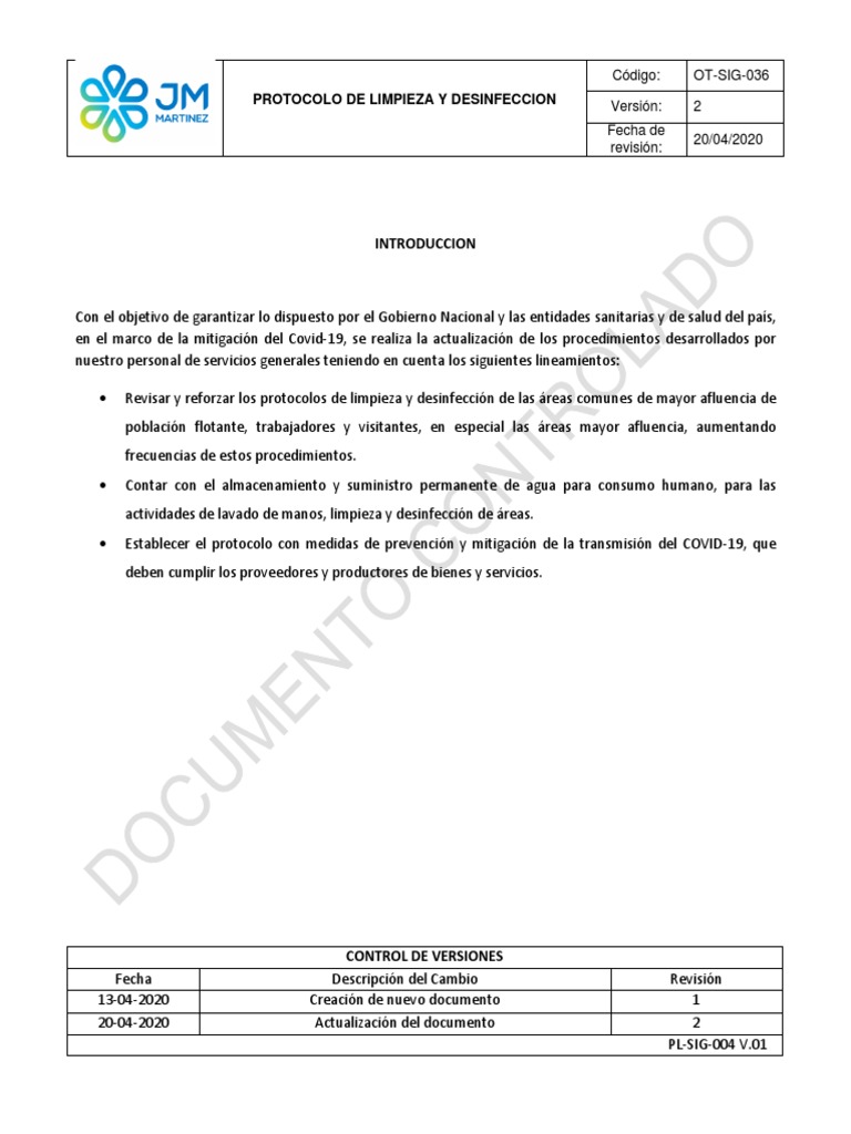 Ot-Sig-036 Protocolo Limpieza y Desinfeccion | PDF | Agua | Jabón