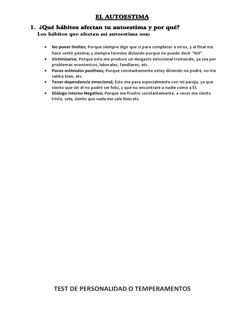 Trabajo #02 Test - Autoestima | PDF | Psicología Social | Conceptos ...