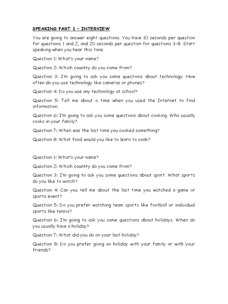 Preparing for an IELTS Speaking Exam: A Collection of Potential ...