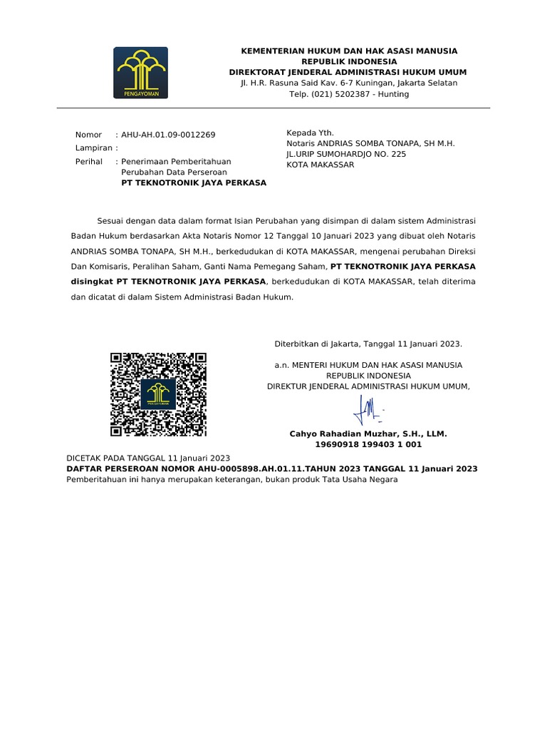 Pemberitahuan Perubahan PT Teknotronik | PDF