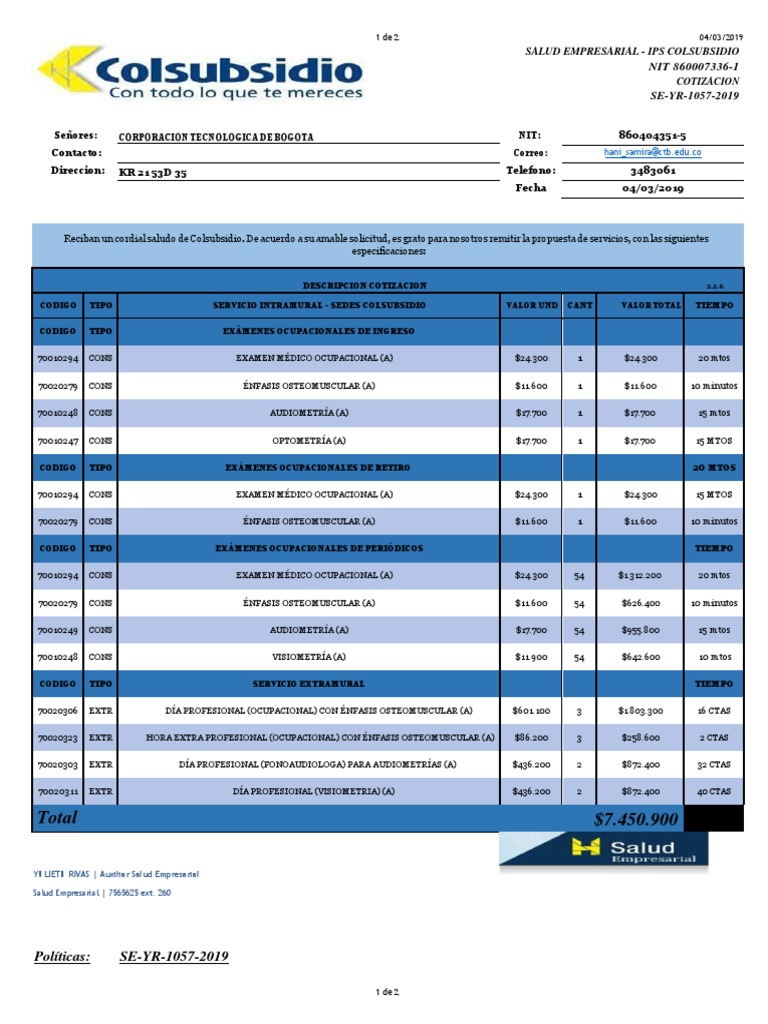 Cotizacion de Servicios Examenes Medicos | PDF