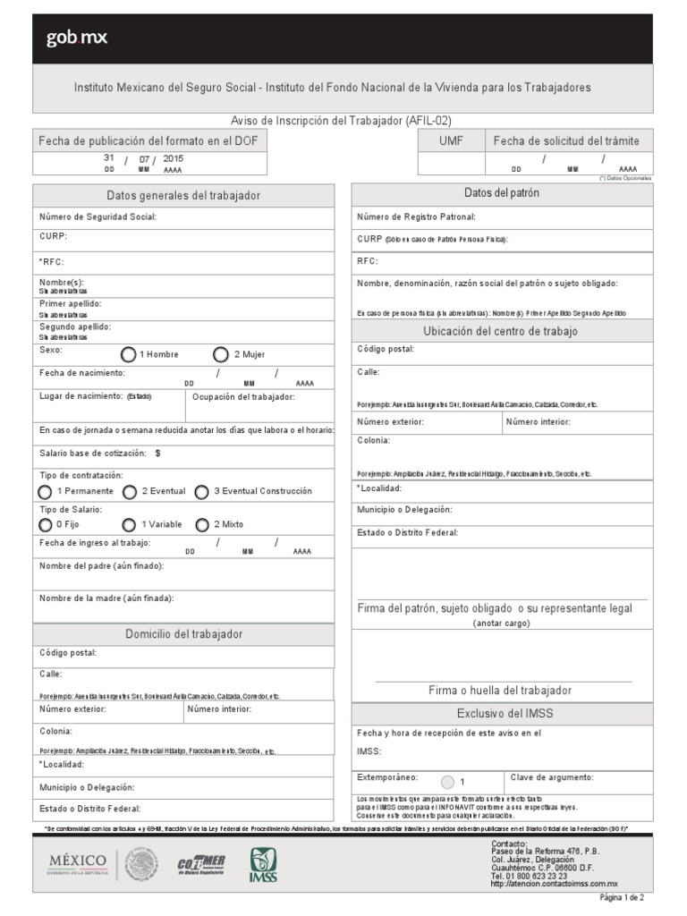 Aviso de Inscripción AFIL-02 IMSS | PDF | Certificado de nacimiento ...