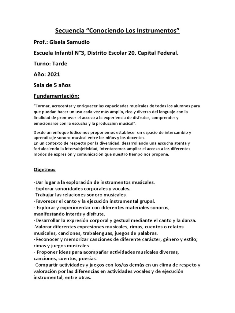 Secuencia Sala de 5 Conociendo Los Instrumentos | PDF | Ritmo | Instrumentos musicales