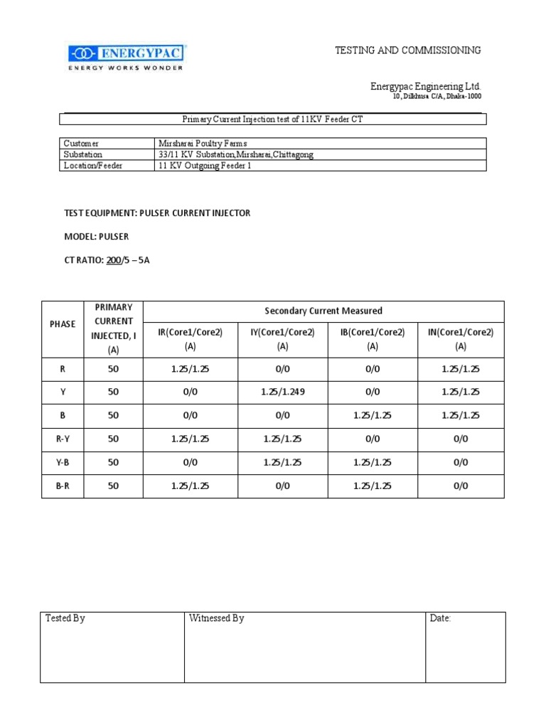 Primary Injection CT 11 KV Outgoing Feeder 1 | PDF