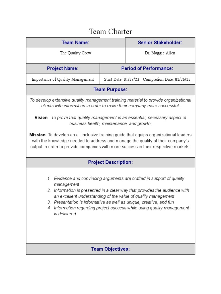 Ogl 422 Team Charter | PDF | Quality Management | Project Management