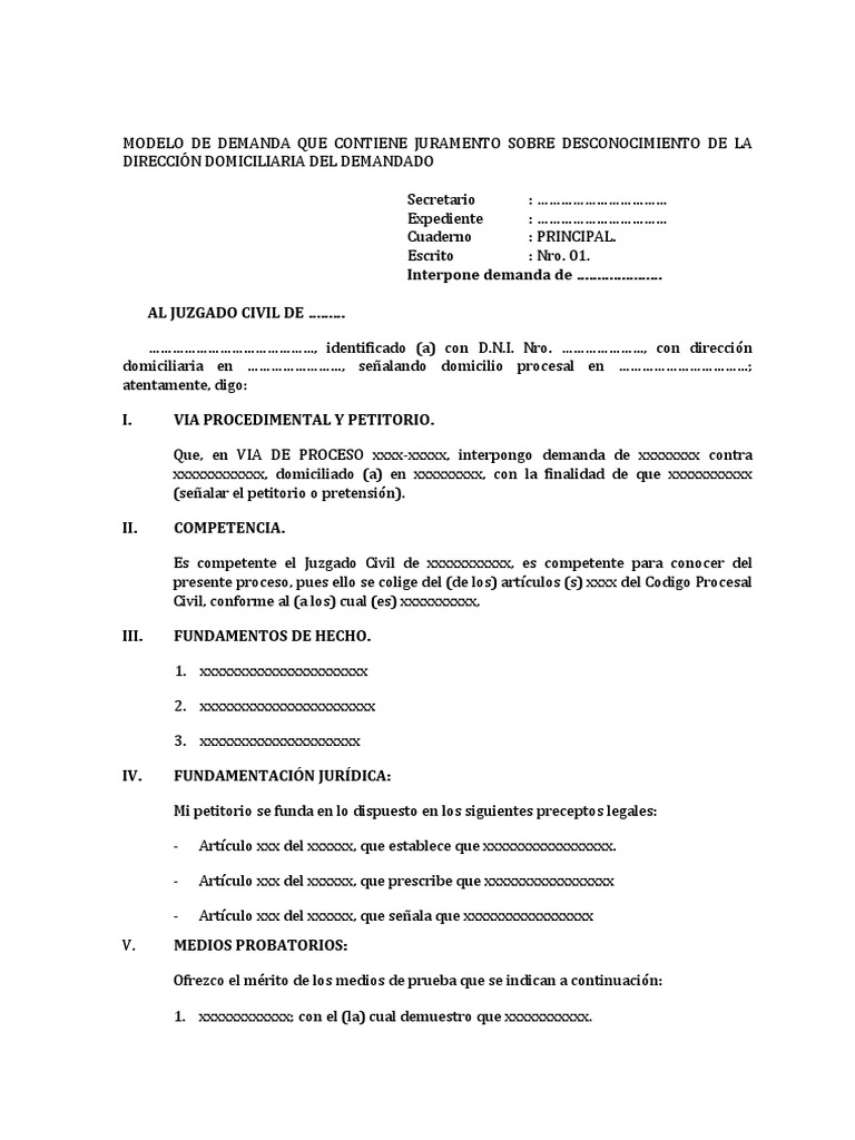 Modelo de Demanda con Juramento de Domicilio | PDF | Ley procesal ...