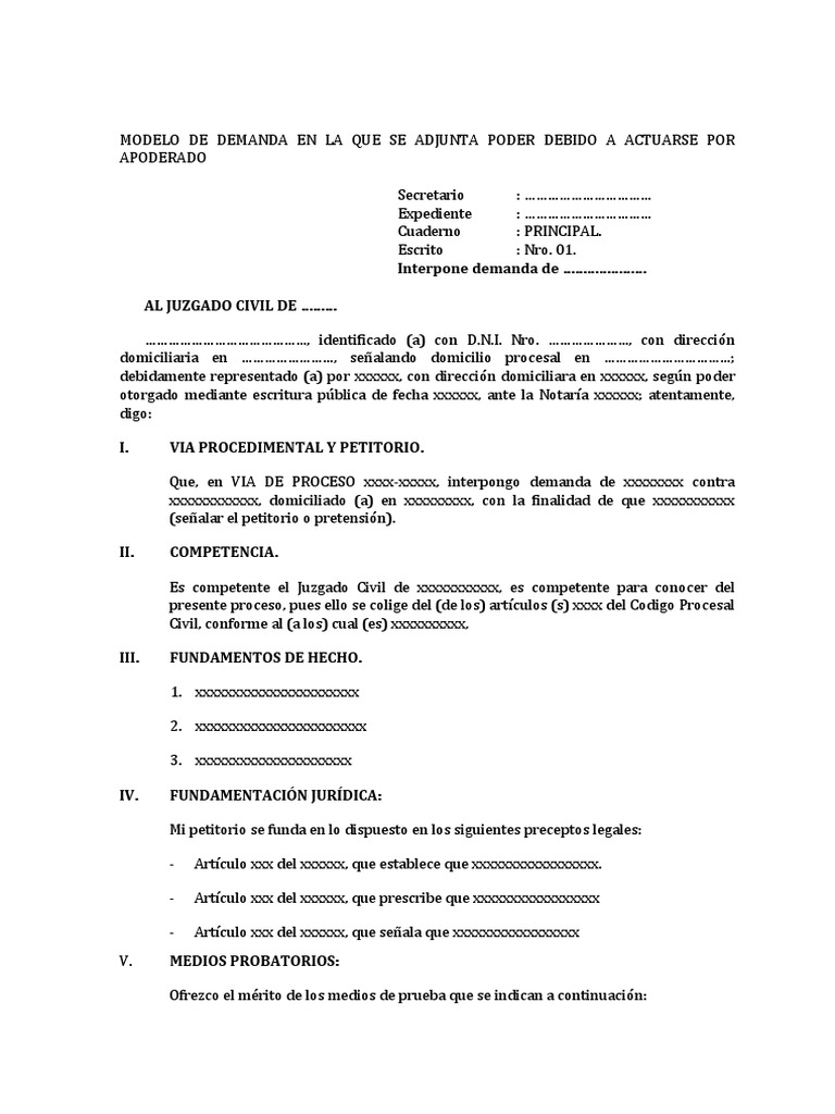 003 - Modelo de Demanda en La Que Se Adjunta Poder Debido A Actuarse Por Apoderado | PDF ...