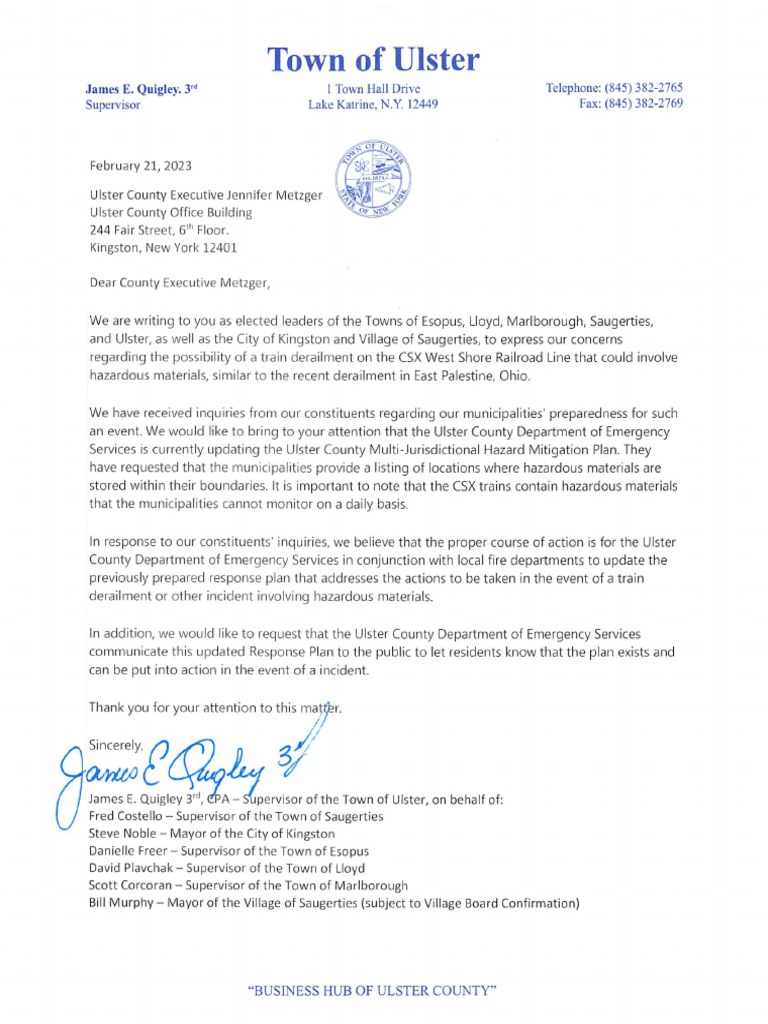 Letter To Ulster County Executive Regarding Request For Updated ...