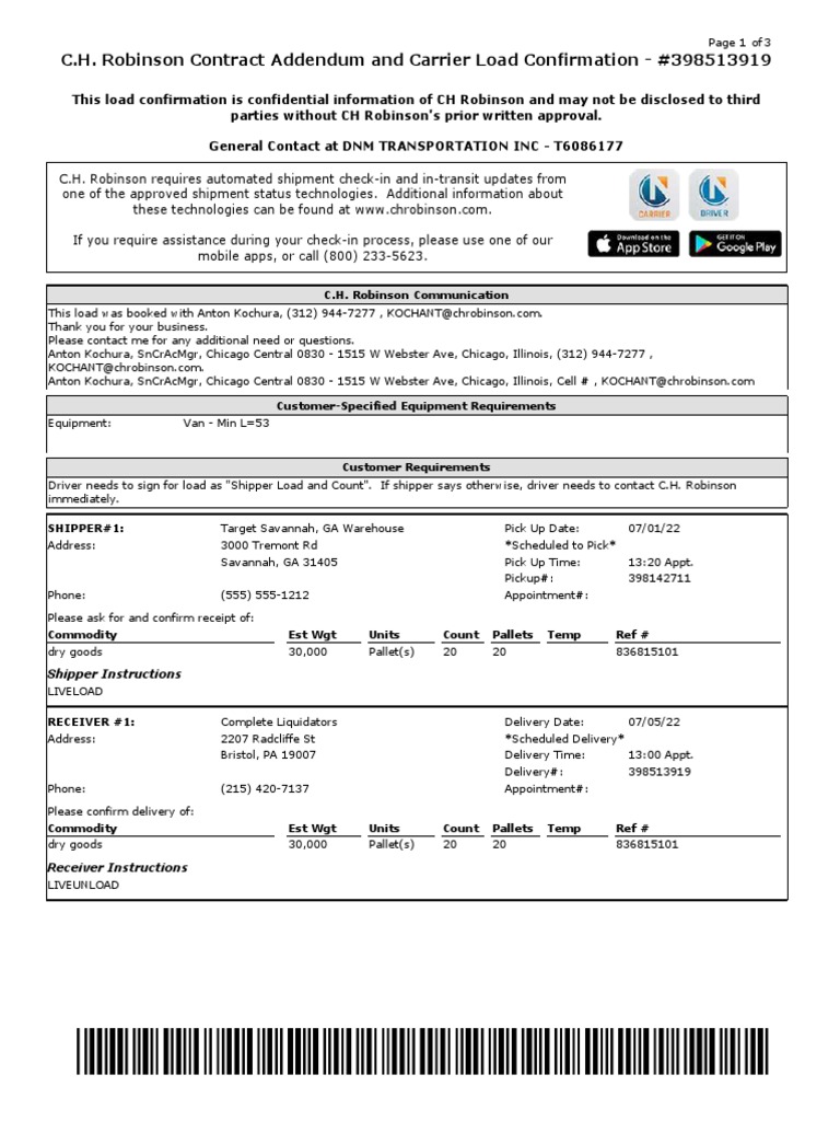 C.H. Robinson Contract Addendum and Carrier Load Confirmation ...
