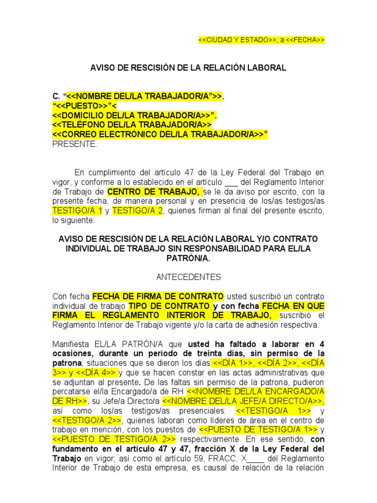 Formato De Aviso De Rescisión General 2 Pdf Justicia Crimen Y