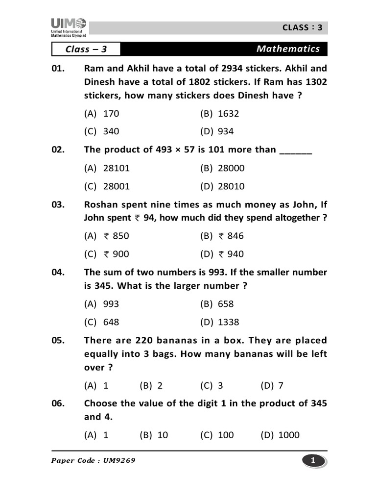 CLASS 3 UIMO-2023-Paper UM9269 | PDF