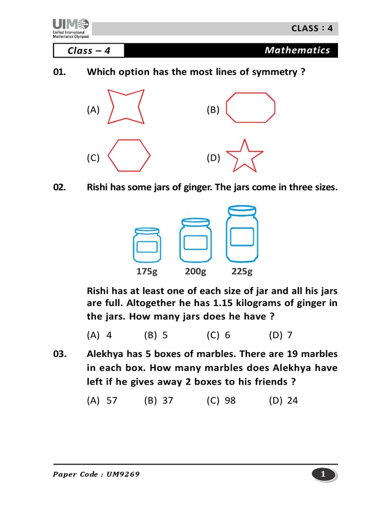 Class 4 Maths Question Paper 2025 | PDF | Elementary Mathematics ...
