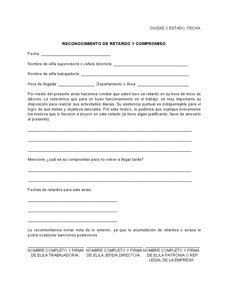 Reconocimiento de ausencias laborales y compromiso de asistencia ...