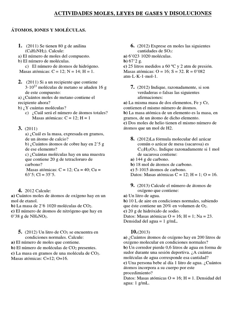 Moles, Gases y Disoluciones. Selectividad | PDF | Mole (Unidad) | Gases