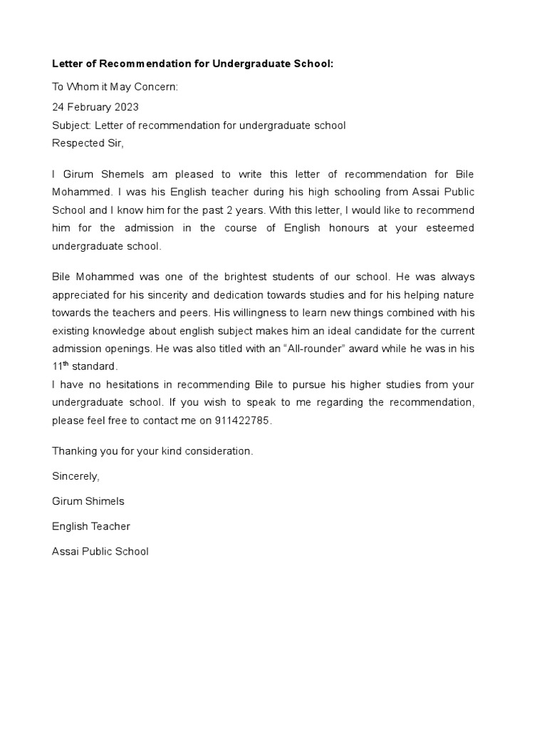 Recommendation Letter From Teacher Template 12 | PDF