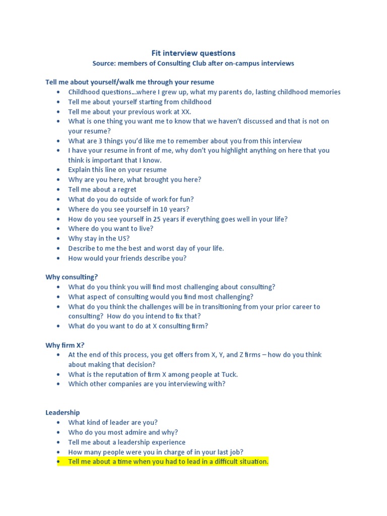 Consulting Fit Interview Questions | PDF | Leadership | Consultant