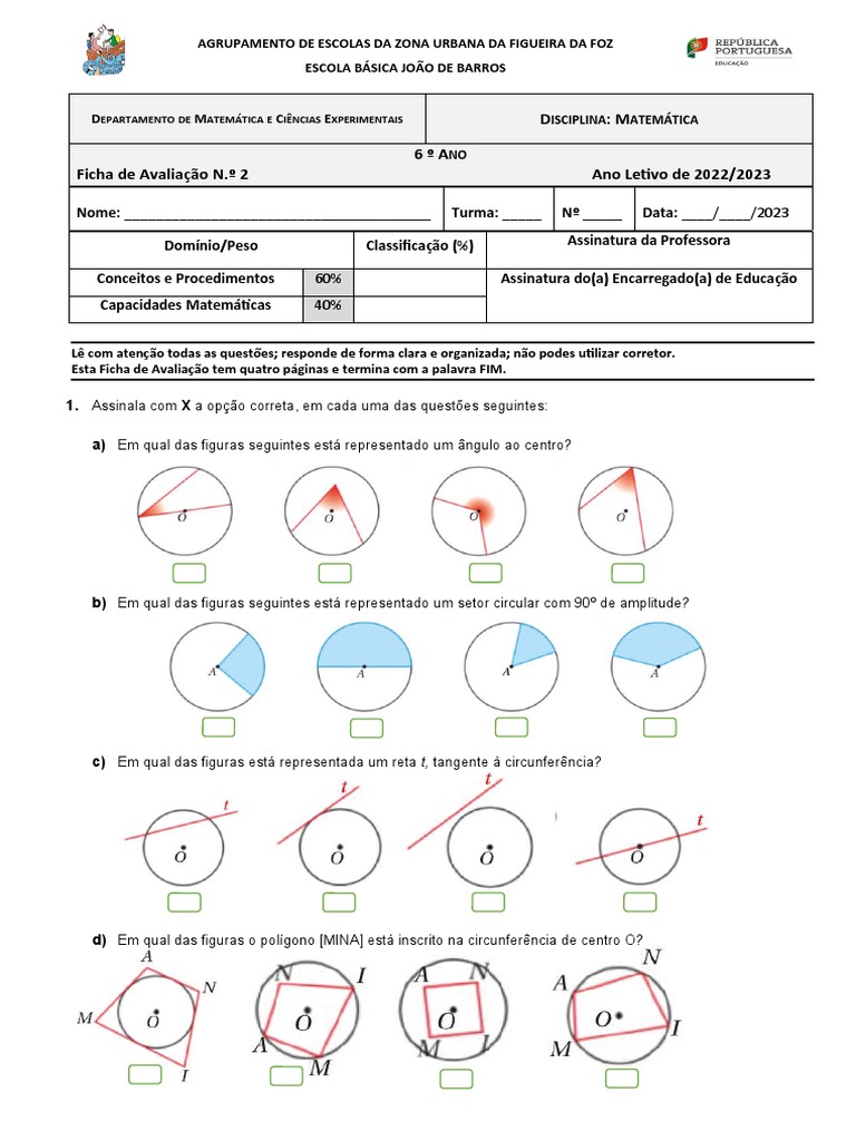 Adaptada MAT6 FichaAvaliação2 Fev23 | PDF | Triângulo | Círculo