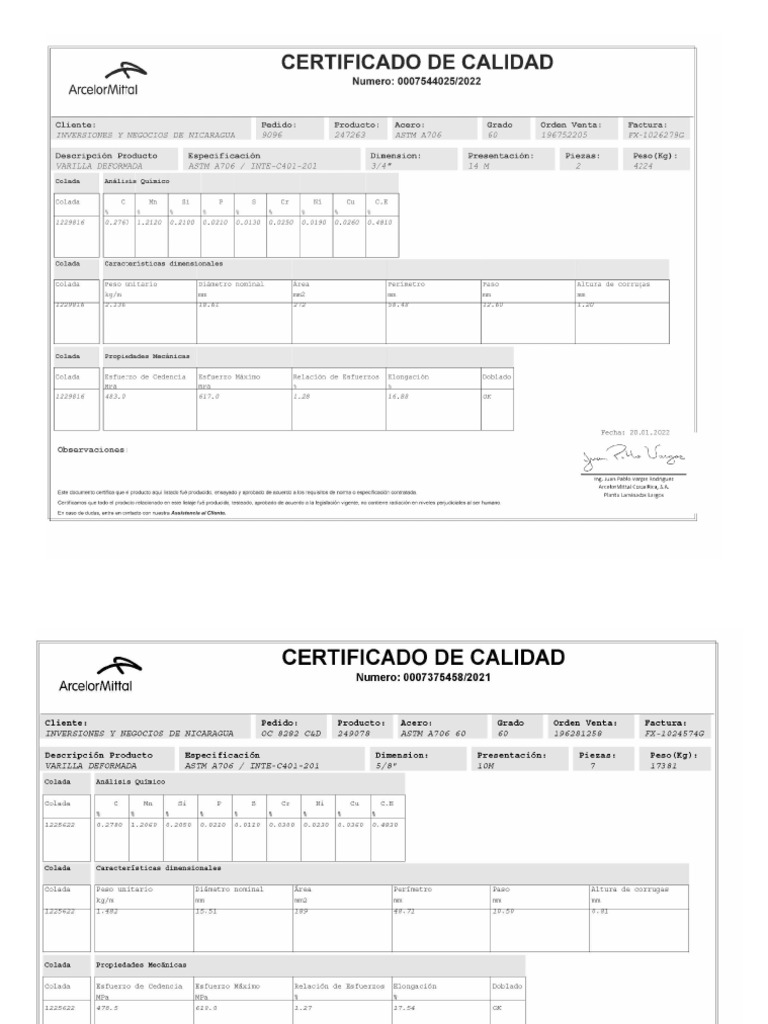 Certificado de Calidad Acero de Refuerzo | PDF