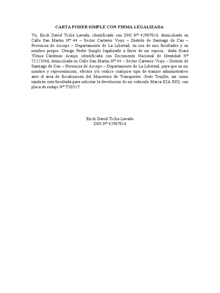 Carta Poder Simple Con Firma Legalizada Pdf