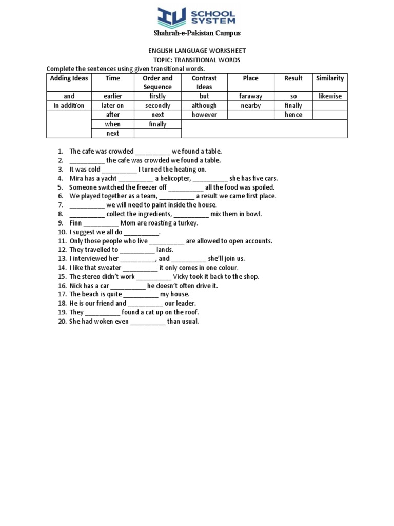 Transitional Words Worksheet | PDF