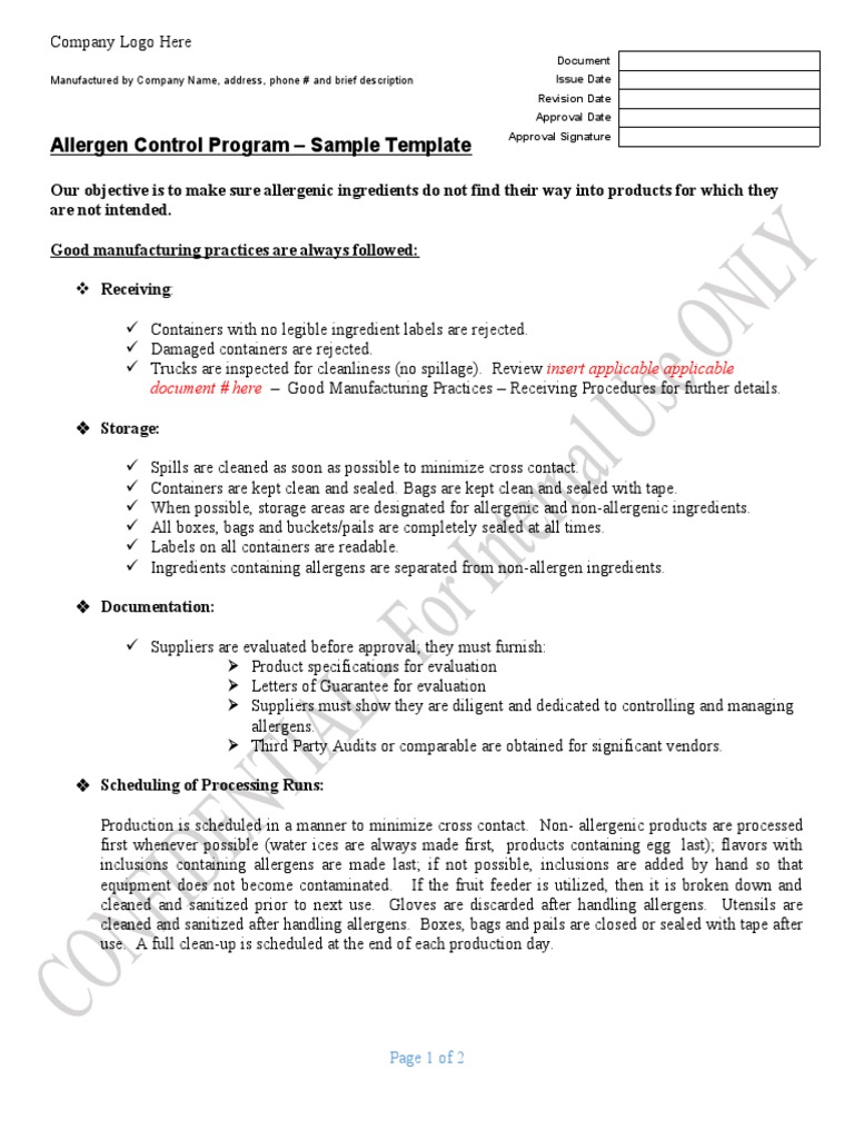 Allergen Control Program Template | PDF