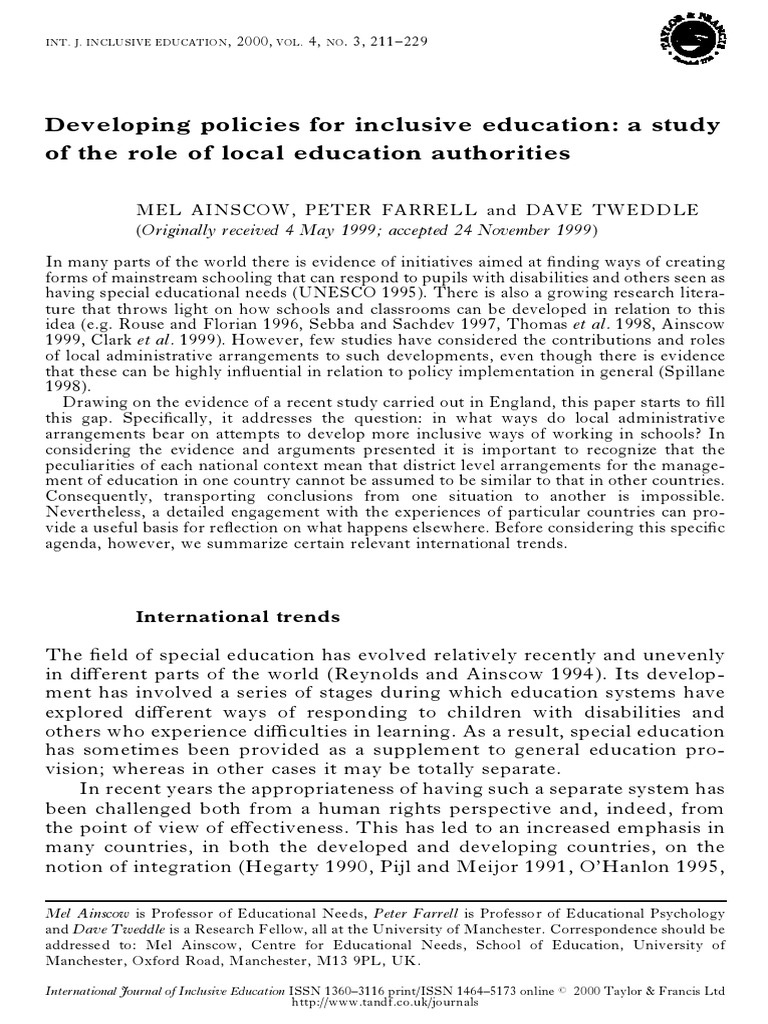 Ainscow, Farrell y Tweddle IJIE - 00 Developing Policies For Inclusive Education | PDF ...