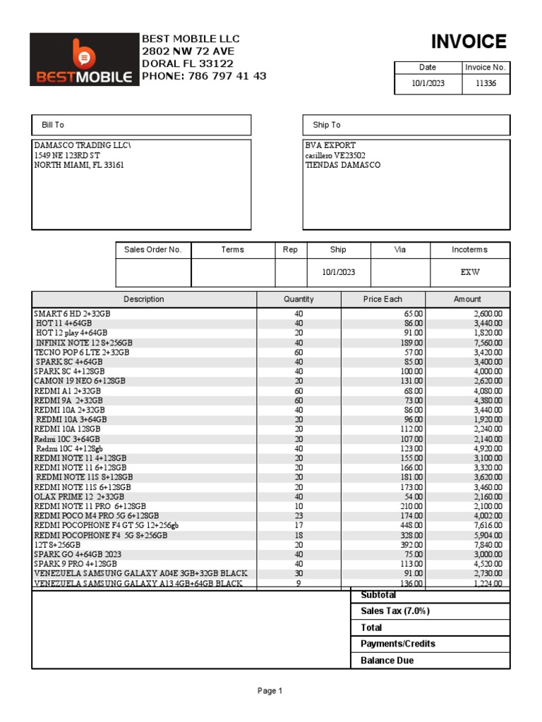 Invoice: Best Mobile LLC 2802 NW 72 AVE DORAL FL 33122 PHONE: 786 797 ...