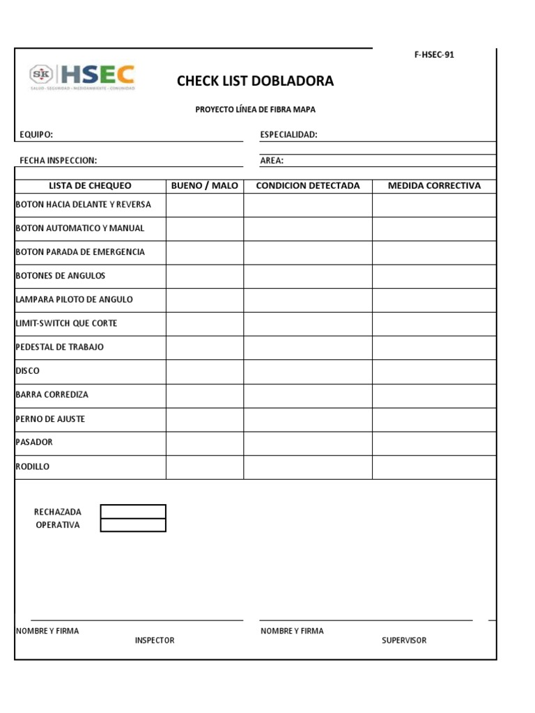 F HSEC 91 Check List Dobladora 00 | PDF