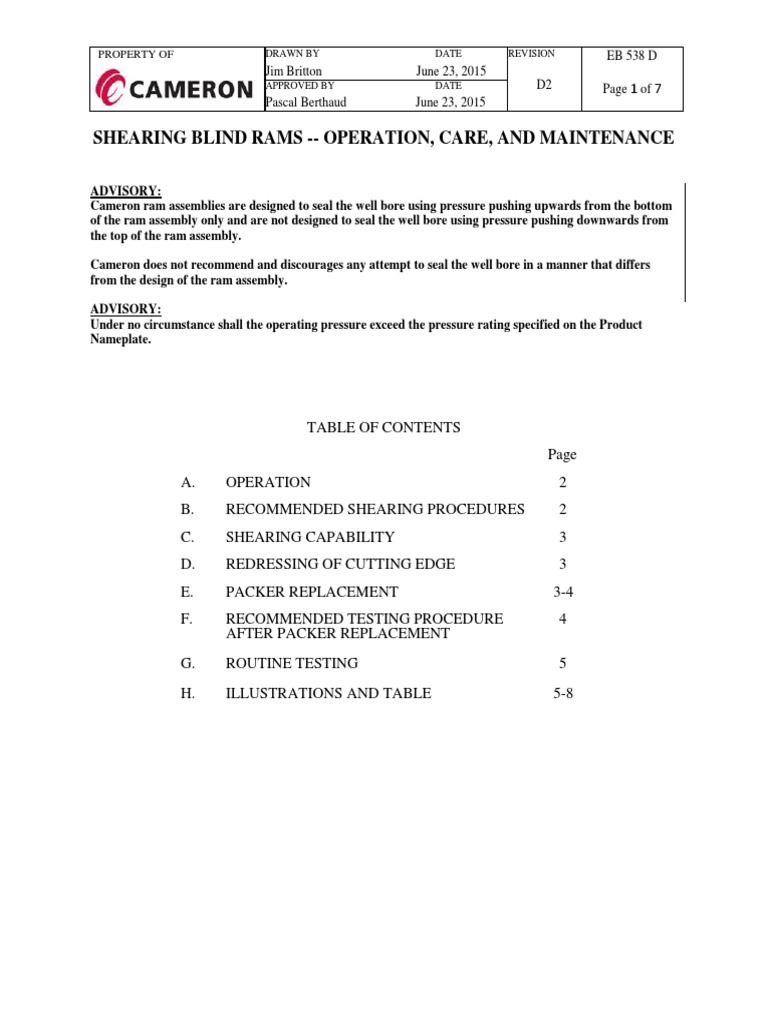 Cameron EB 538 D Rev D2 - Shear Rams - Op & Maint | PDF | Mechanical Engineering | Manufactured ...