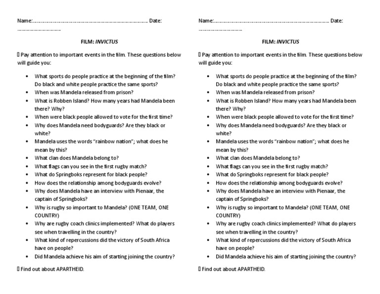 Invictus Questions Video Movie Activities - 57777 | PDF | South Africa ...