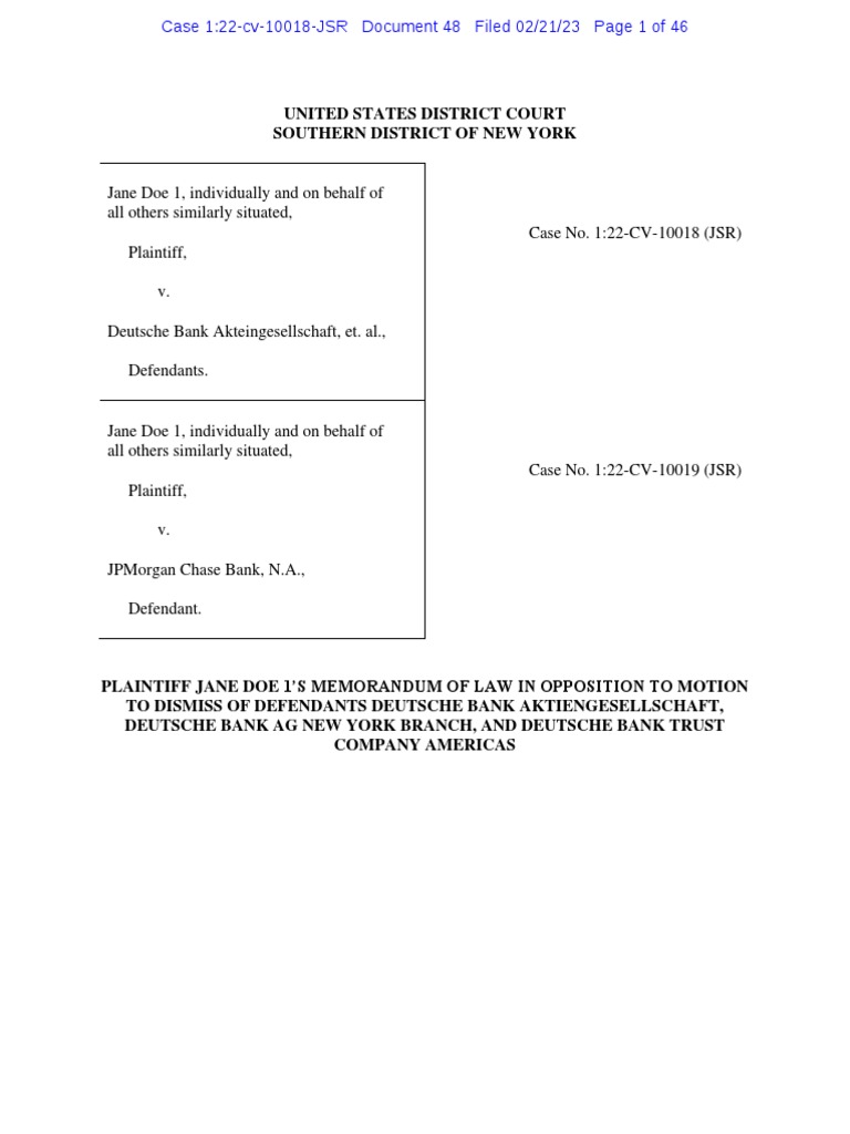 Jane Doe Memorandum Opposing Dismissal of Case v. Deutsche Bank | PDF ...