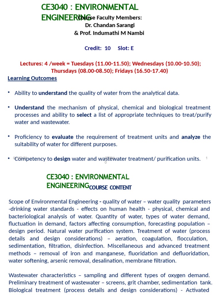 CE3040 - L01 - Course Content - 28012023 | PDF | Sewage Treatment | Water Purification