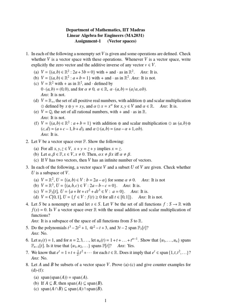 Assignment 1 | PDF | Vector Space | Linear Subspace