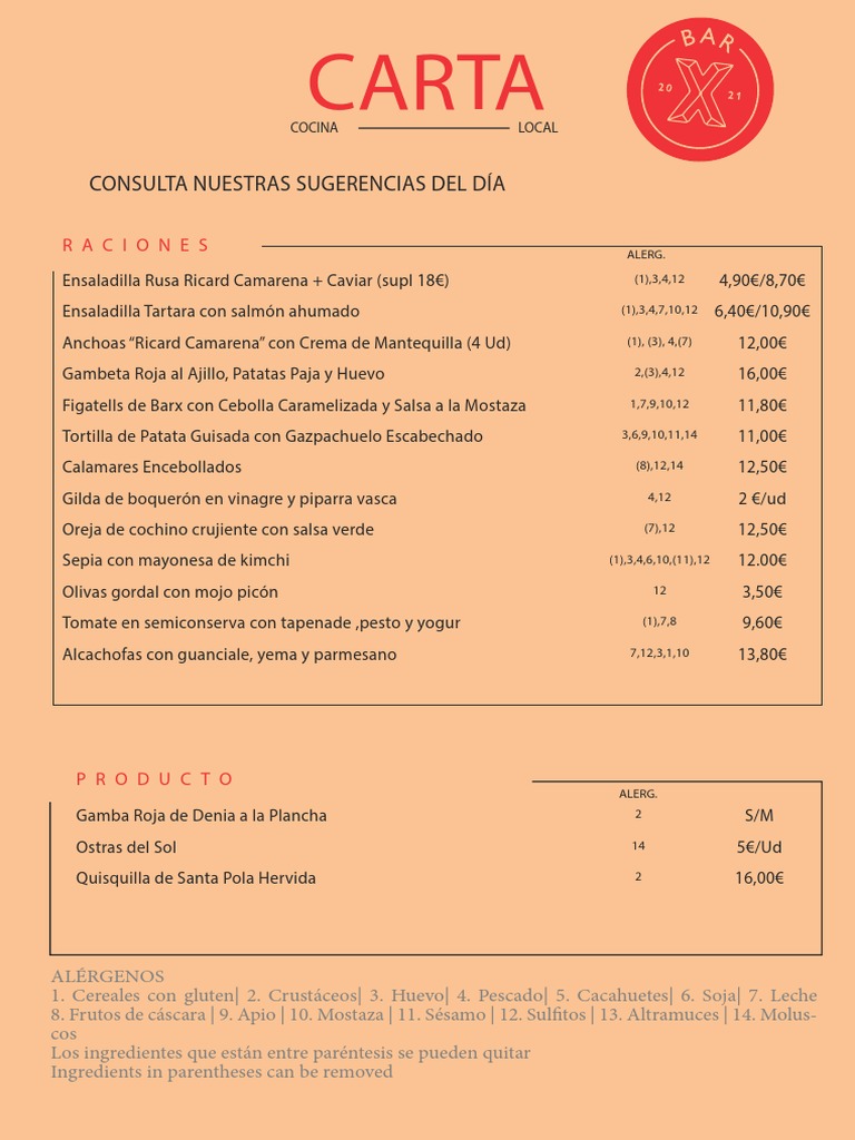 Carta Bar X Comida 10 1 | PDF | Cocinando | Preparación de comida y bebida