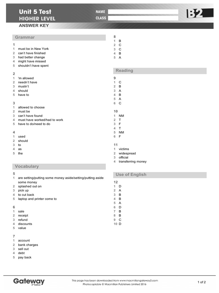 Gateway B2 Unit 5 Test Answer Key | PDF