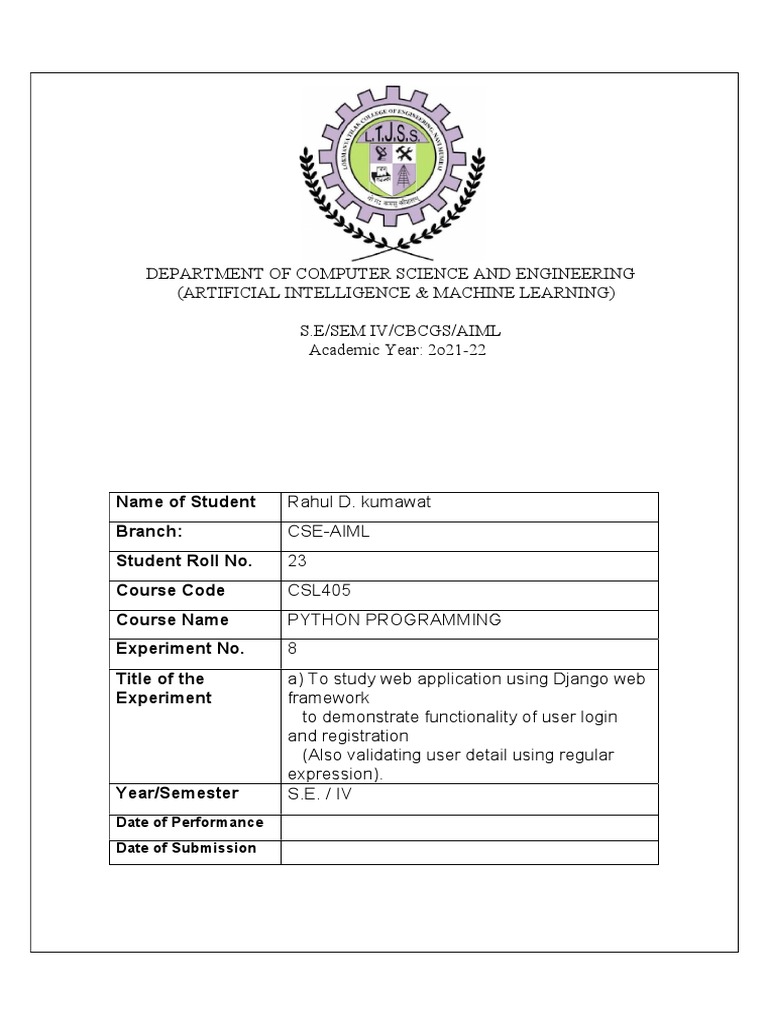 Python Experiment 8 Cs Engg | PDF
