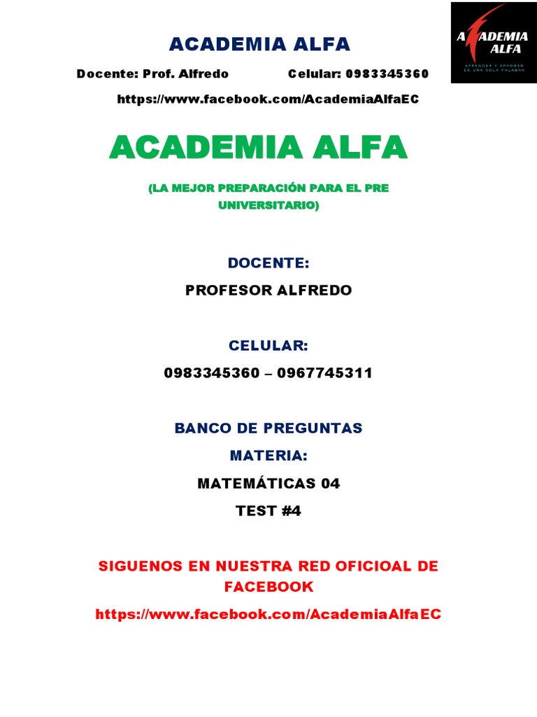 Academia Alfa - Test 4 - Matemáticas 04 | PDF | Enseñando