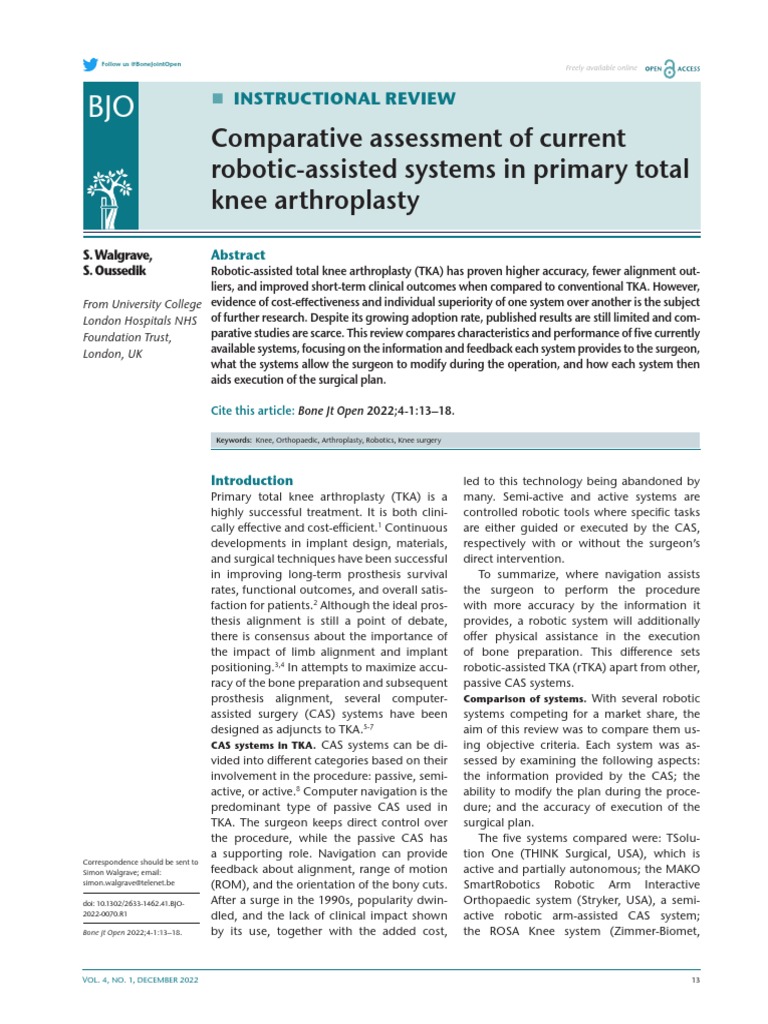 Comparative Assessment of Current Robotic-Assisted Systems in Primary Total Knee Arthroplasty ...