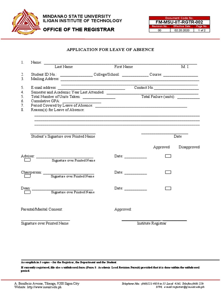 FM-MSU-IIT-RGTR-002 Application For Leave of Absence | PDF | Computing