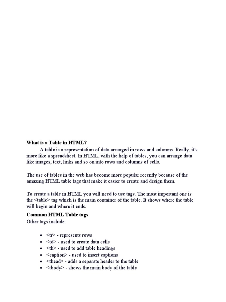 Table in HTML | PDF | Html Element | Html