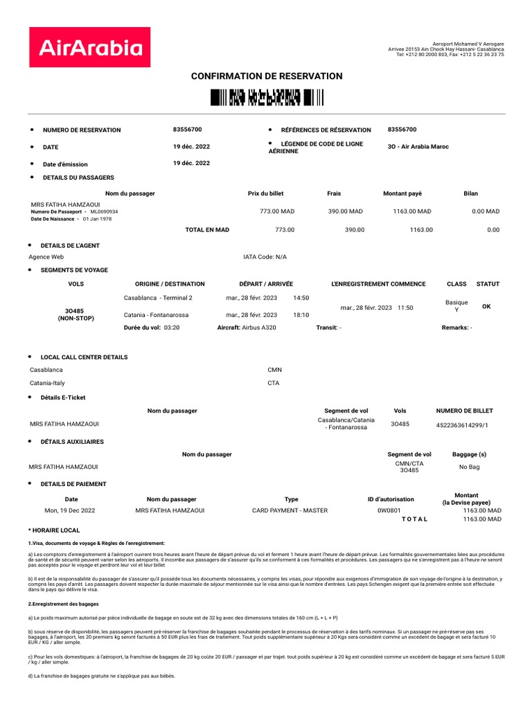 Facture et détails vol Air Arabia | PDF | Aéroport | Visa (Document)