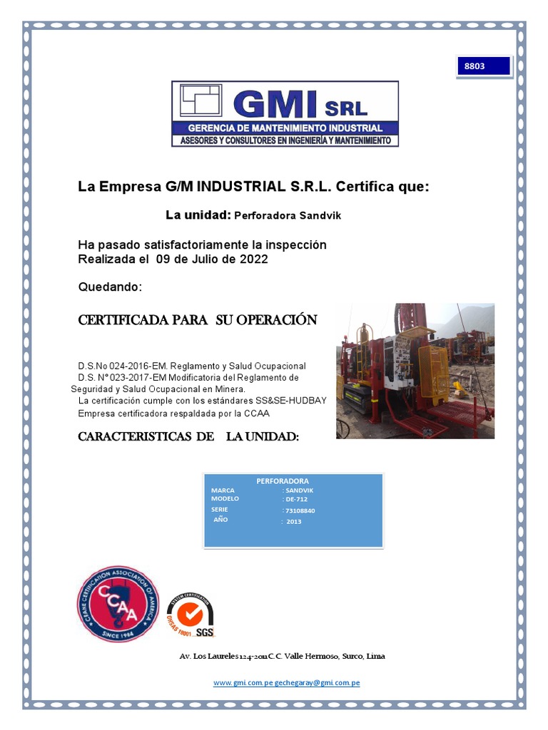 8803 Perforadora Sandvik De712 - Constancia de Operatividad | PDF
